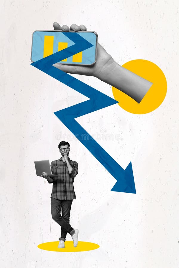 Collage Photo Smart Young Student Guy Entrepreneur Hold Laptop Think about Market Decrease ...