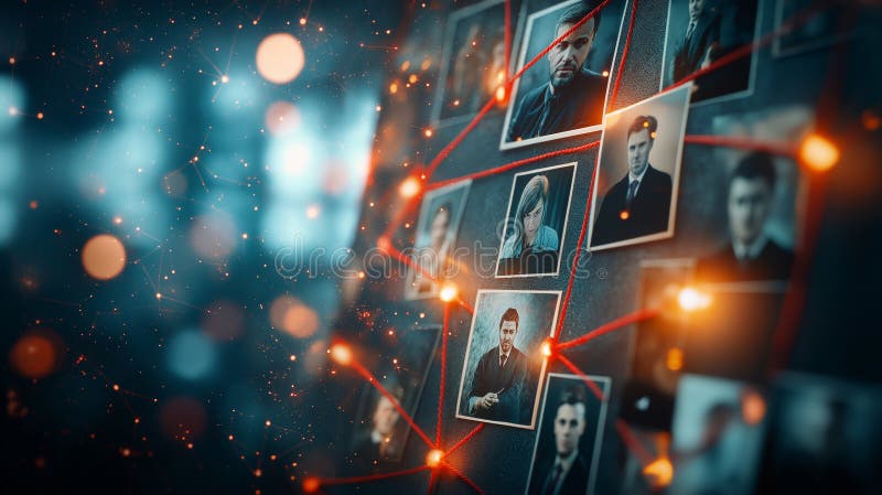 Collage of Photographs Connected by Red Strings on Dark Wall ...