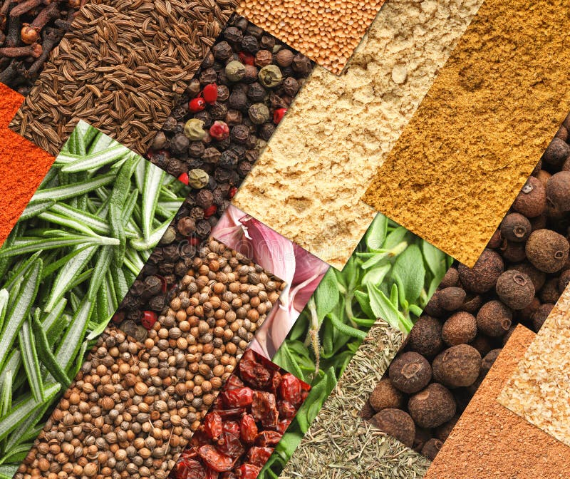 Collage with Photos of Different Spices and Herbs, Top View Stock Photo ...