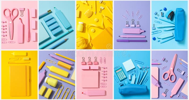 Collage of Photos with Different Stationary Tools Stock Image - Image ...