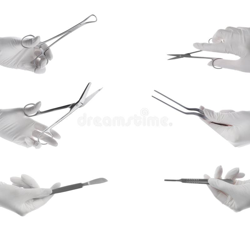 Collage with Photos of Doctors Holding Different Surgical Instruments ...