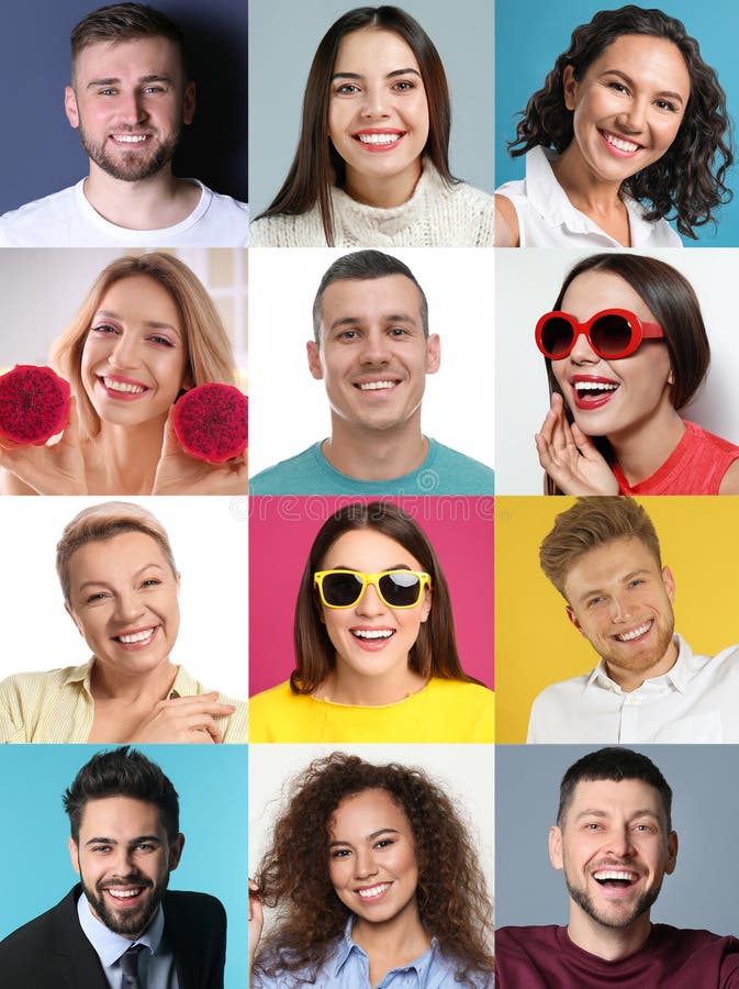 Collage with Photos of Happy Smiling People on Different Color ...
