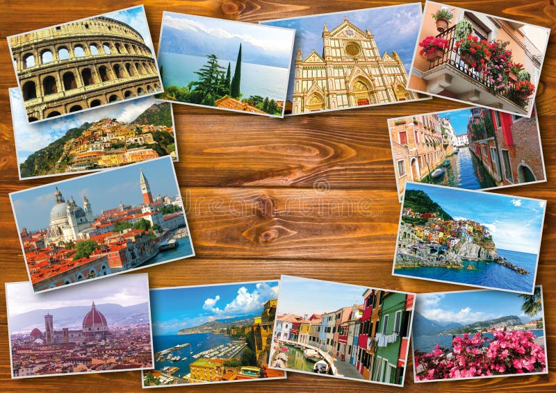 Collage from Photos of Italy on Wooden Background Stock Photo - Image ...