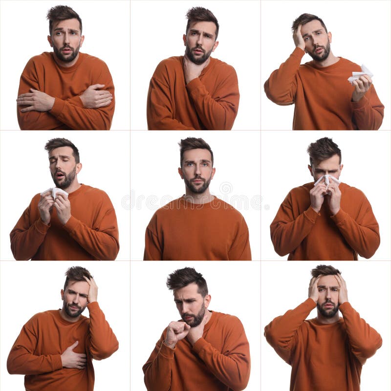 Collage with Photos of Man with Cold Symptoms on White Background Stock ...