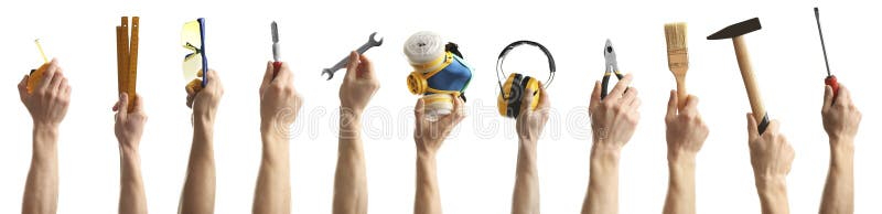 Photos of Builder with Construction Tools on Light Blue Background ...