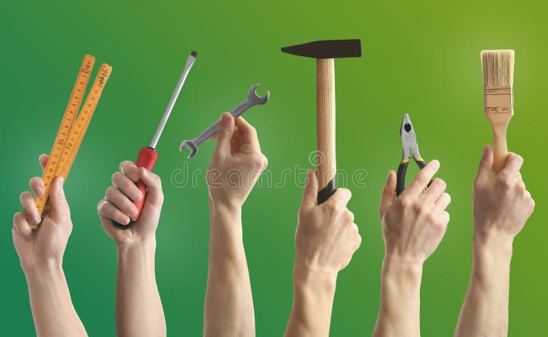 Photos of Builder with Construction Tools on Light Blue Background ...