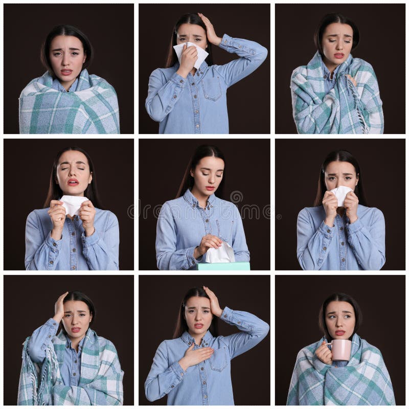 Collage with Photos of Woman with Cold Symptoms on Brown Background ...