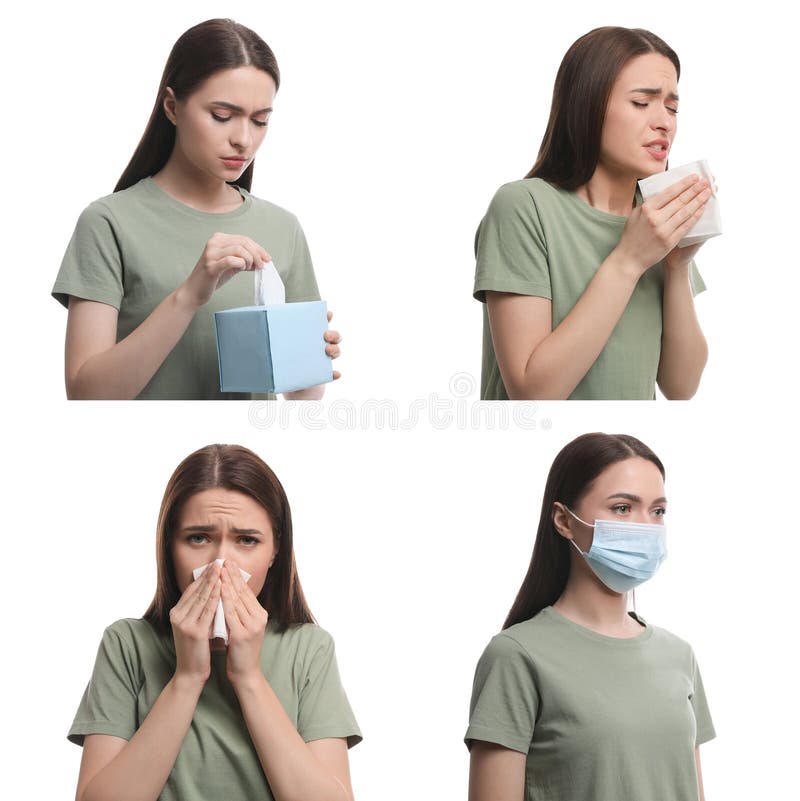 Collage with Photos of Woman with Cold Symptoms on White Background ...