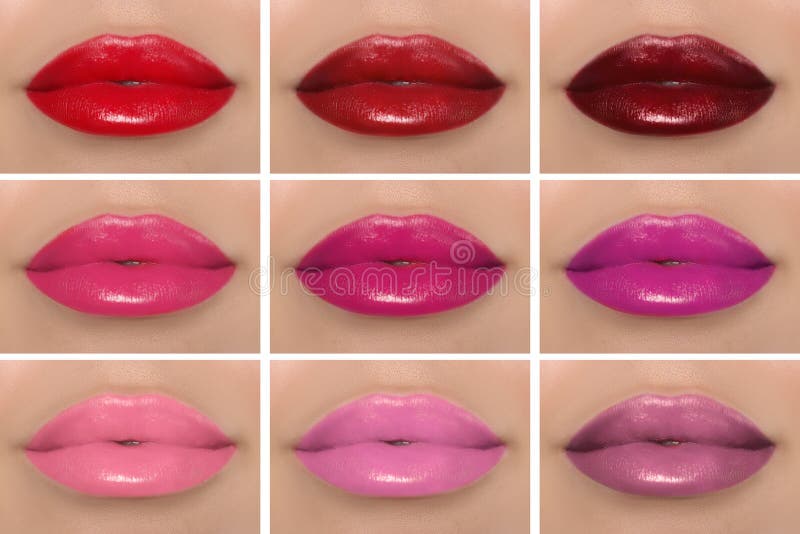 Collage with Photos of Woman with Different Beautiful Lipsticks ...