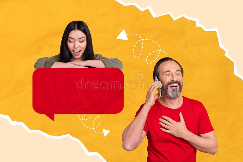 Collage Picture of Two Cheerful Positive People Speak Communicate ...