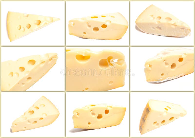 Collage with Piece of Cheese with Big Holes, Isolated on White ...