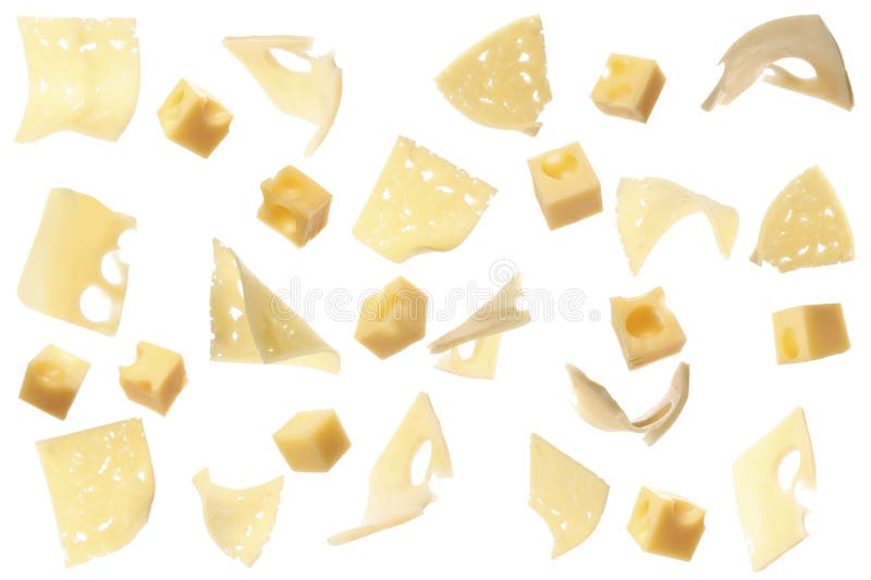 Collage with Pieces of Cheese Falling on Background Stock Photo - Image ...