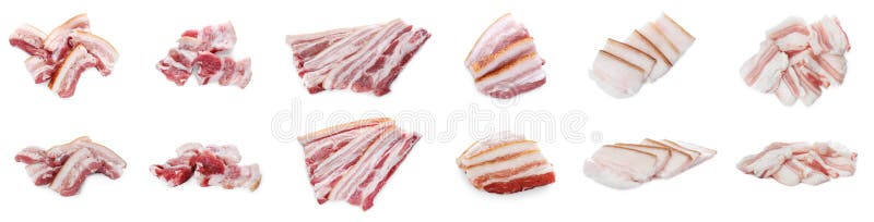 Collage with Pieces of Pork Fatback Isolated on White, Top and Side ...