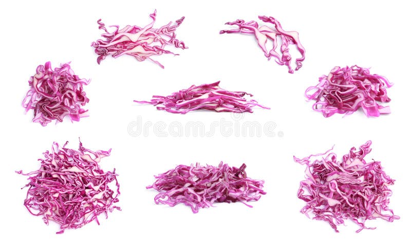 Collage with Piles of Shredded Fresh Red Cabbage on White Background ...
