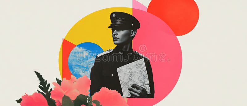 Collage of a Pilot in Uniform Holding a Flight Map with Geometric ...