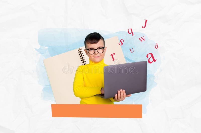 Collage Placard of Small Funky Nerd Academic Diligent Hold Netbook ...