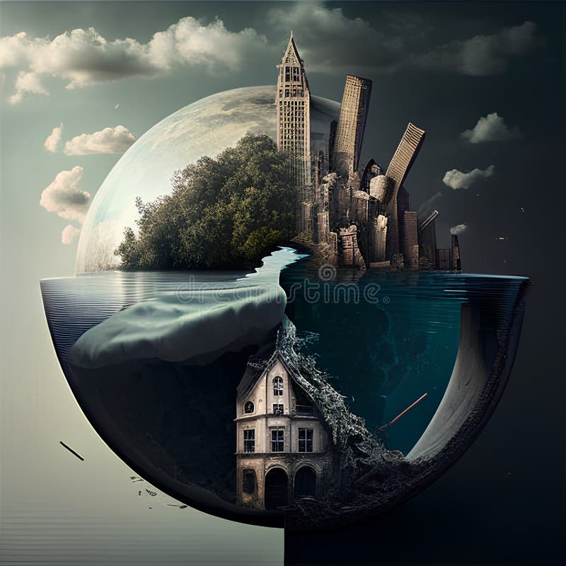 Collage of the Planet Earth and a City in the Water. Stock Illustration ...