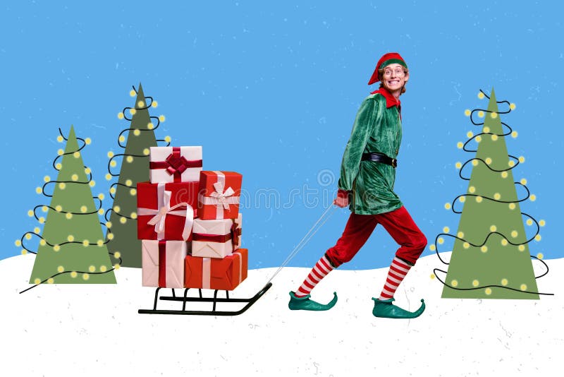 Collage Portrait of Positive Cheerful Elf Guy Pull Sledge Pile Stack ...