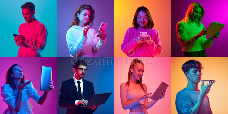Collage. Portraits of Different Young People Using Various Gadgets for ...