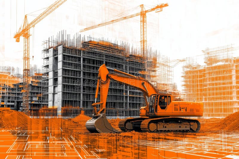 Collage Poster of a Construction Site Featuring Excavator, Blueprints ...