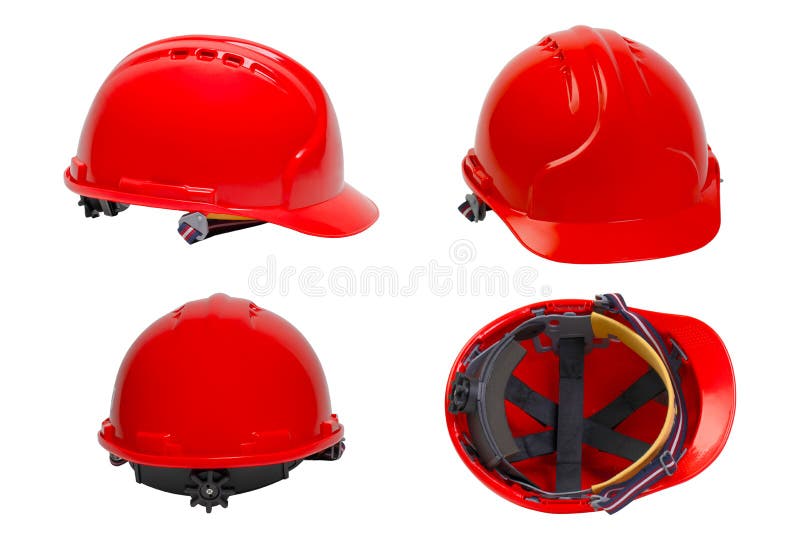 Collage of Protective Red Helmets from Different Sides on a White ...