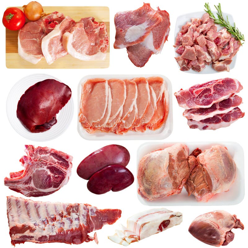 Collage of Raw Pork Meat of Different Parts on White Stock Image ...