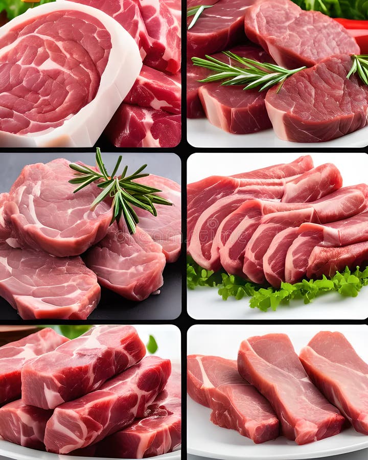 Collage of Raw Pork Meat with Rosemary and Spices on White Background ...