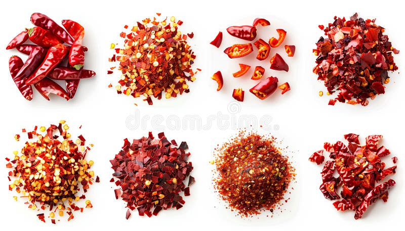 Collage of Red Chili Flakes on White Background, Top View Stock ...
