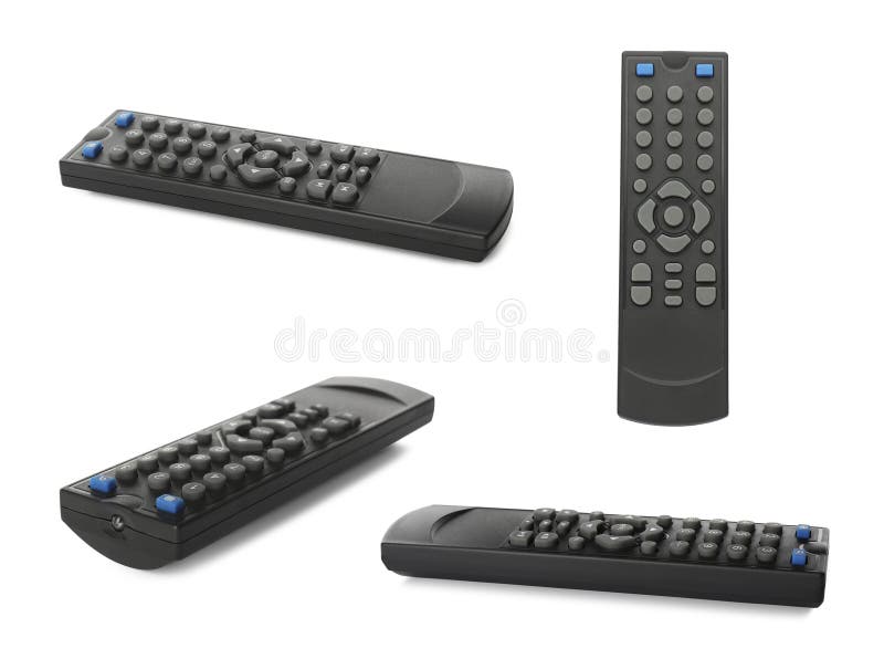 Collage of Remote Controller on White Background, Different Angles ...