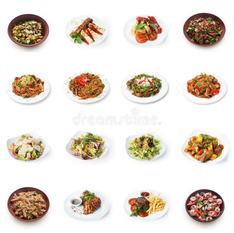 Collage of Restaurant Dishes Isolated on White Stock Image - Image of ...