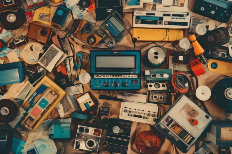 A Collage of Retro Objects Such As Cassette Tapes, Floppy Disks, and ...