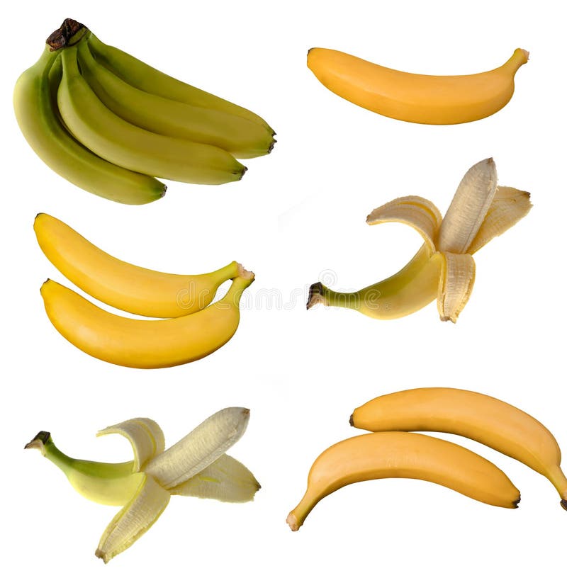 Collage of Ripe Bananas, Whole and Half Peeled on White Background ...