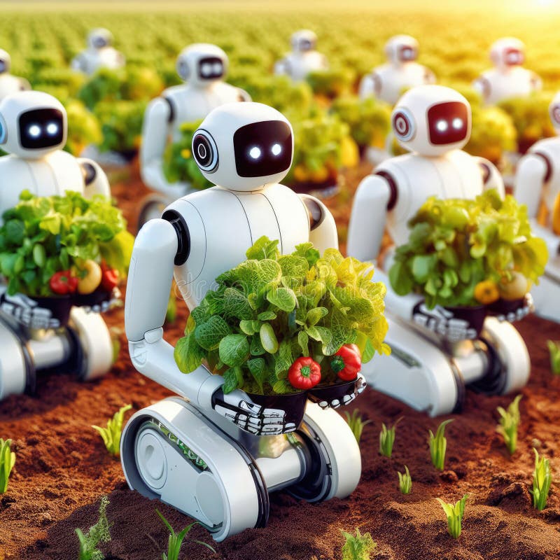 Collage of Robots and Plants in a Garden with Green Leaves and Red ...
