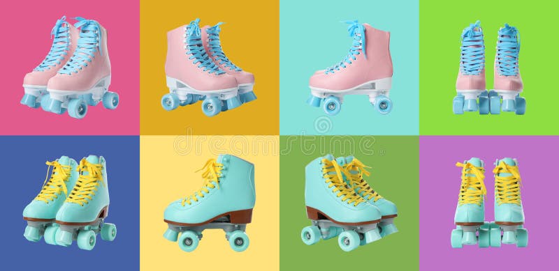 Collage with Roller Skates on Various Color Backgrounds, Views from ...