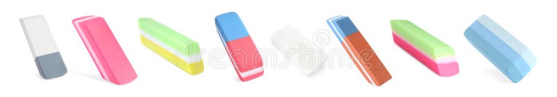 Collage of Rubber Erasers on White Background. Banner Design Stock ...