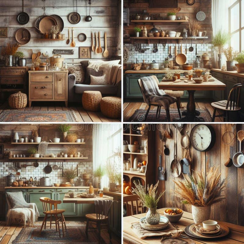 Collage of Rustic Kitchen Interiors with Natural Elements Stock Vector ...