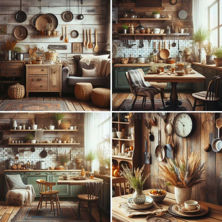 Collage of Rustic Kitchen Interiors with Natural Elements Stock Vector ...