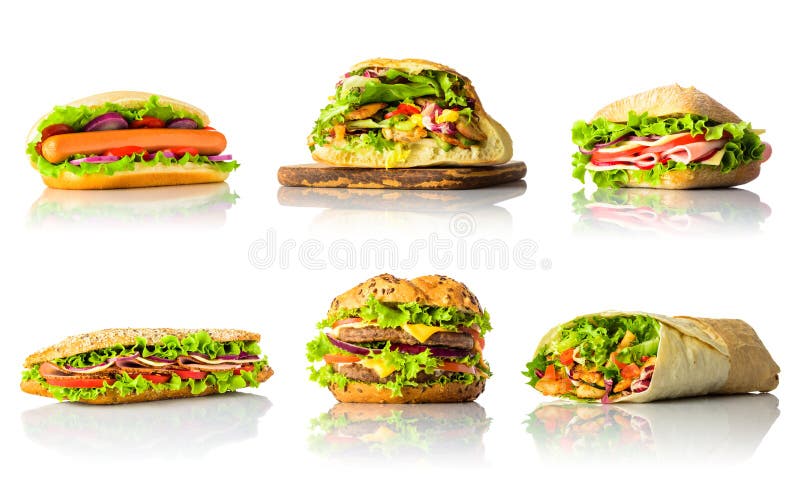 Collage with Sandwiches and Burger on White Background Stock Photo ...