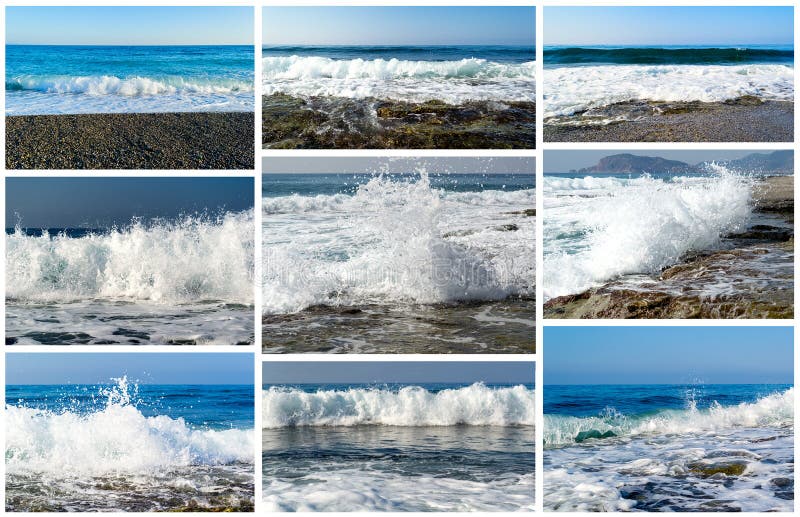 Collage of the Sea Coast Photos with Waves and Splashes Stock Image ...