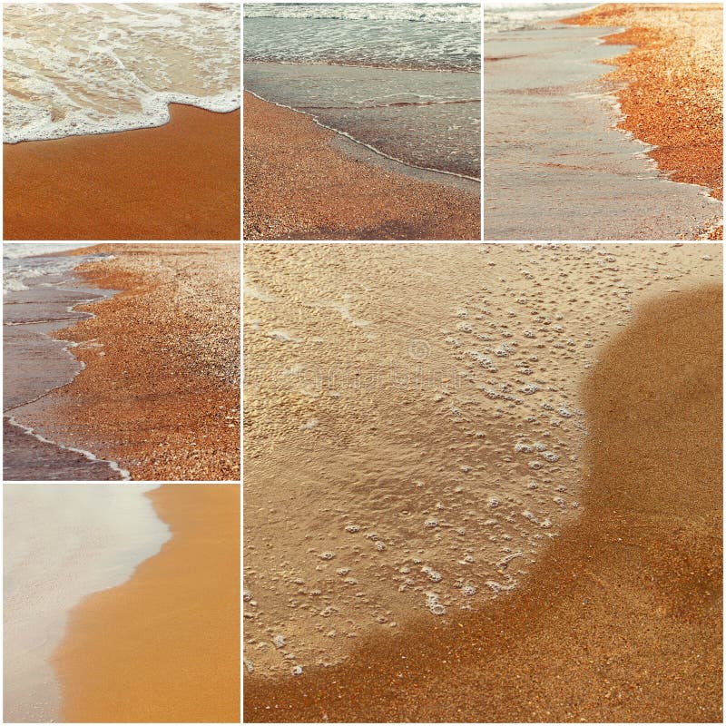 Collage of Sea and Waves. Sandy Beach with Copyspace Top View Stock ...