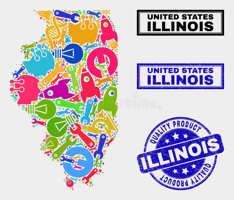 Collage of Service Illinois State Map and Quality Product Stamp Seal ...