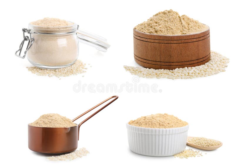 Collage with Sesame Flour and Seeds on White Background Stock Photo ...