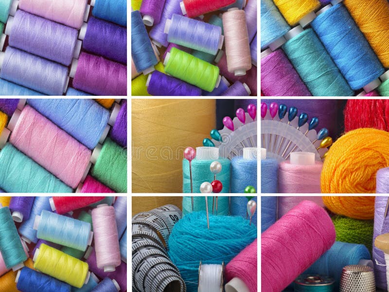 Collage of Sewing Threads in Different Colors Stock Photo - Image of ...