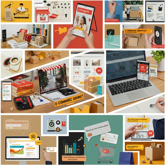 Collage Showcasing Various Elements of E-commerce and Online Shopping ...