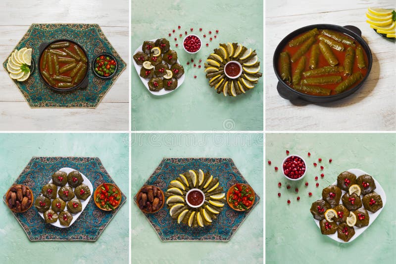 Collage Showing of Dolma Dishes of Grape Leaves Stock Photo - Image of ...