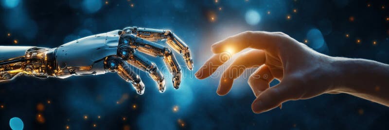 Human Hand Reaches Out To Robotic Hand in a Modern Collage Representing ...
