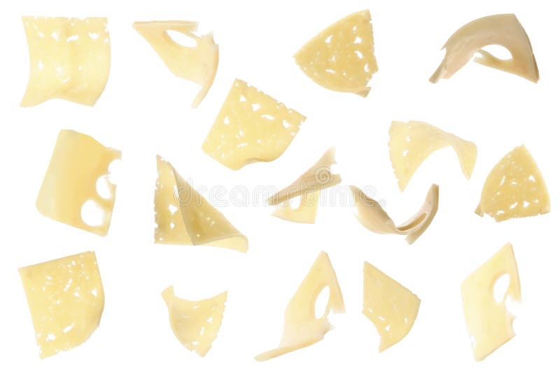 Collage with Slices of Cheese Falling on Background Stock Photo - Image ...