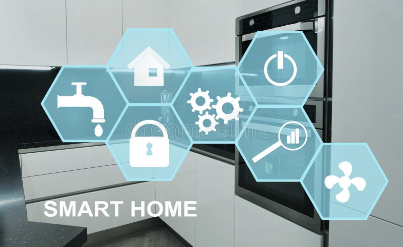 Collage with Smart Home Control Icons of Appliances and Devices on ...