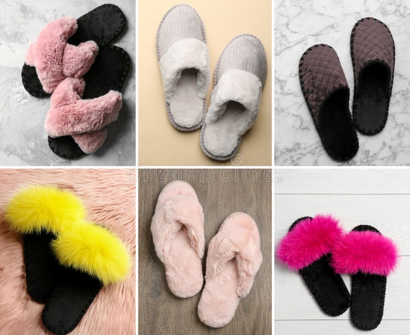 Collage with Soft Slippers on Different Backgrounds, Top View Stock ...