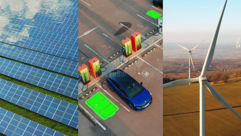 Collage of Solar Panels, Animated Battery with EV Charging, Wind ...